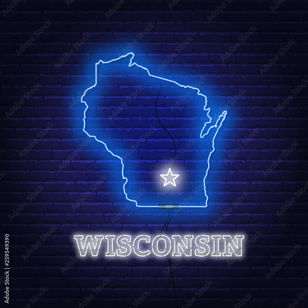 Neon map State of Wisconsin on a brick wall background. Stock Vector ...