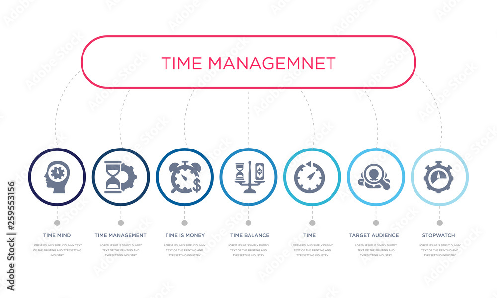 simple illustration set of 7 vector blue icons such as stopwatch ...