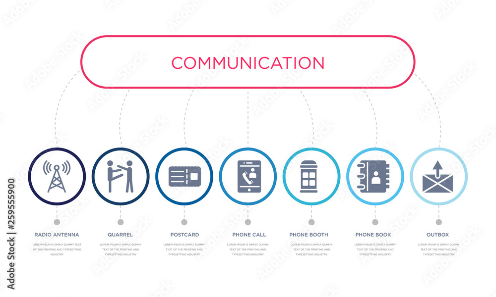 simple illustration set of 7 vector blue icons such as outbox, phone ...