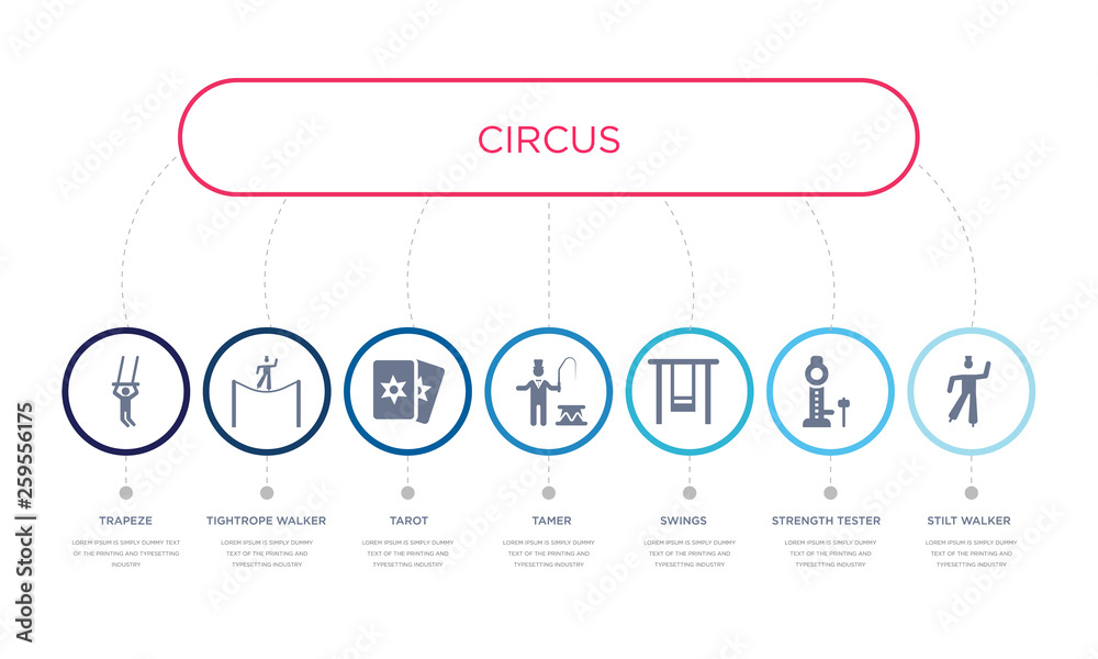 simple illustration set of 7 vector blue icons such as stilt walker ...