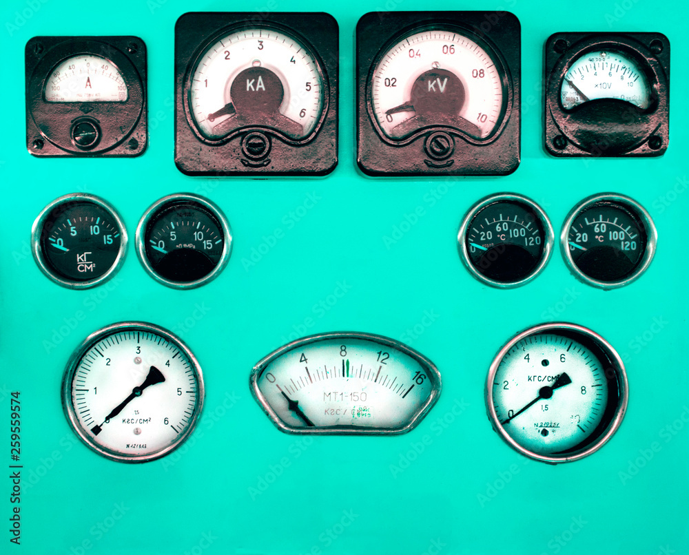 Old steam locomotive control dashboard, blue indicator panel ...