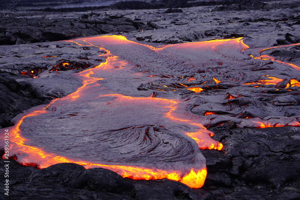 Lava field with new hot flowing lava in Big Island in Hawaii Stock ...