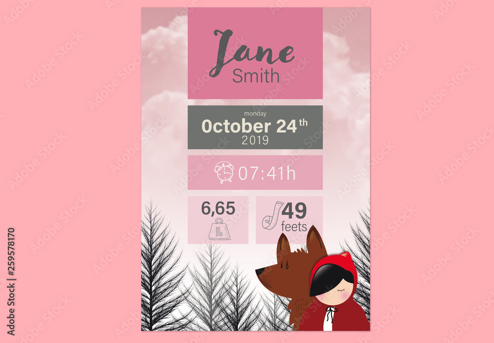 Baby Birth Announcement Layout with Girl in Red Hood and Wolf Stock ...