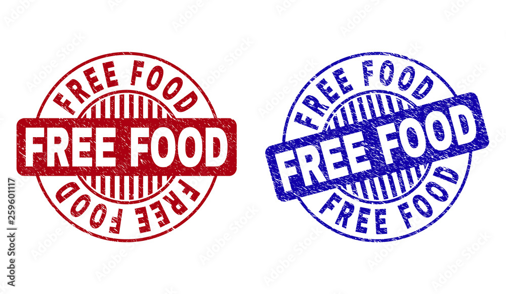 Grunge FREE FOOD round stamp seals isolated on a white background ...