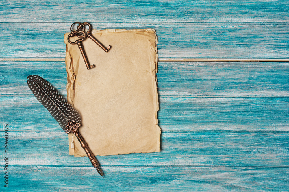 Vintage composition of paper sheets with quill pen and retro keys Stock ...