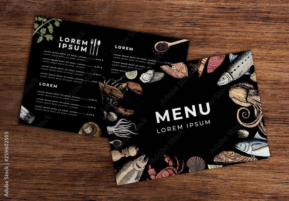 Dark Menu Layout with Seafood Illustrations Stock Template | Adobe Stock