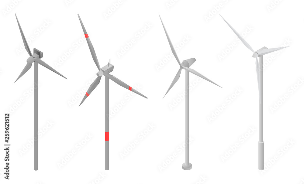 Wind turbine icons set. Isometric set of wind turbine vector icons for ...