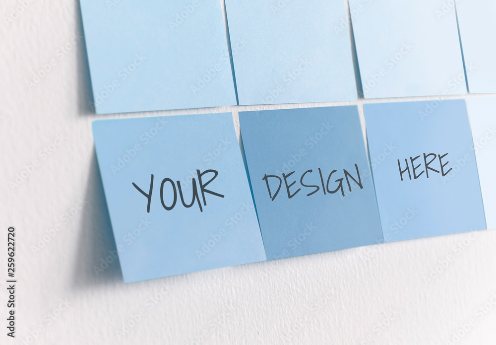 Blue Sticky Notes on a White Wall Mockup Stock Template | Adobe Stock