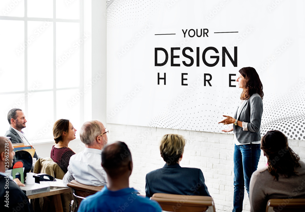 8 People in a Meeting with a Whiteboard Mockup Stock Template | Adobe Stock