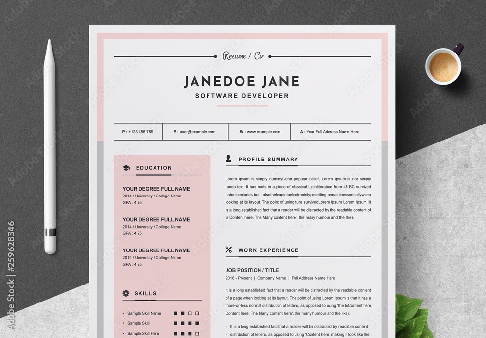 Resume and Cover Letter Layout with Pink and Gray Accents Stock ...
