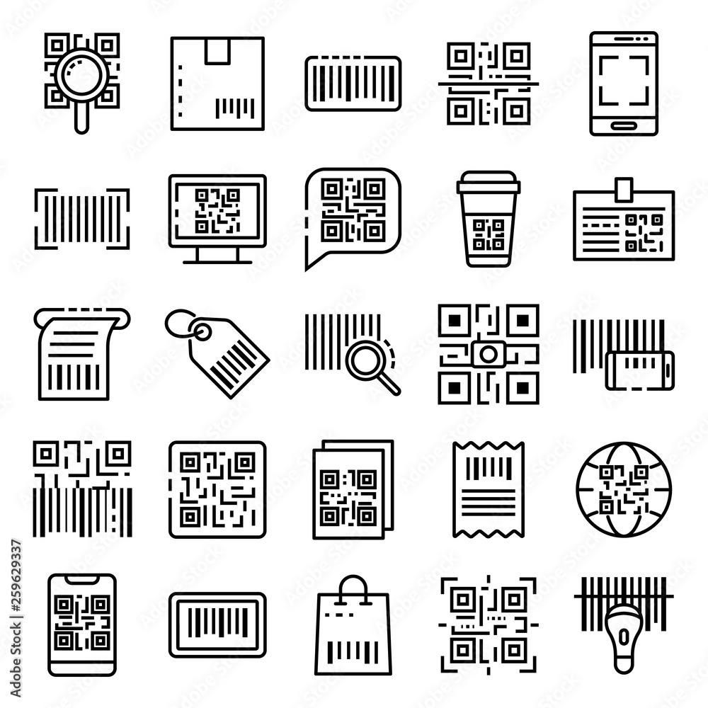 QR code icons set. Outline set of QR code vector icons for web design ...