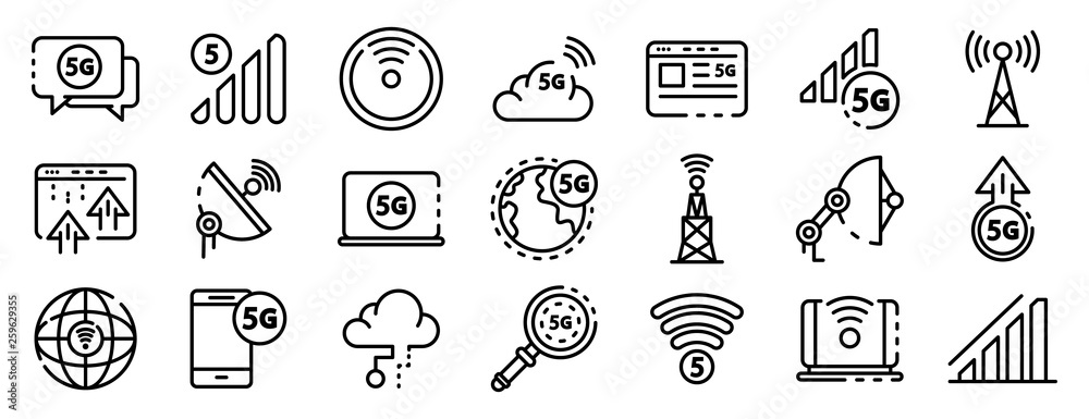 5G technology icons set. Outline set of 5G technology vector icons for ...