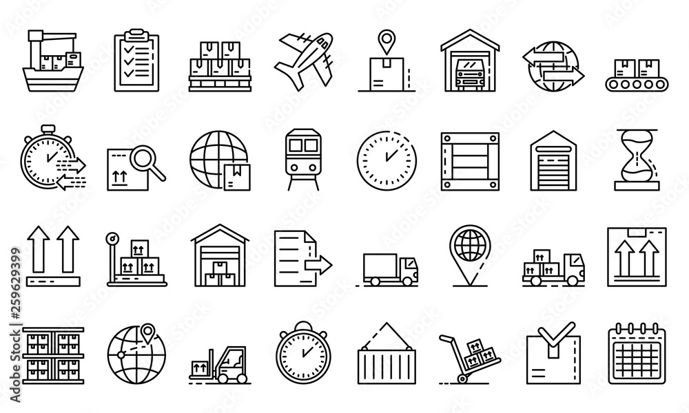 Goods export icons set. Outline set of goods export vector icons for ...