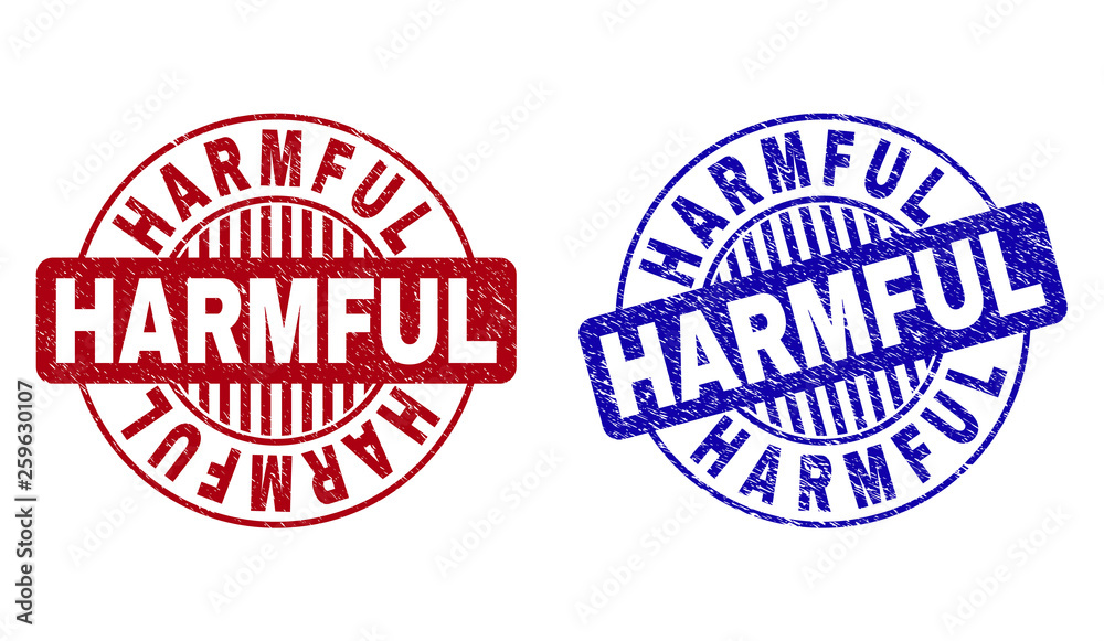 Grunge HARMFUL round stamp seals isolated on a white background. Round ...
