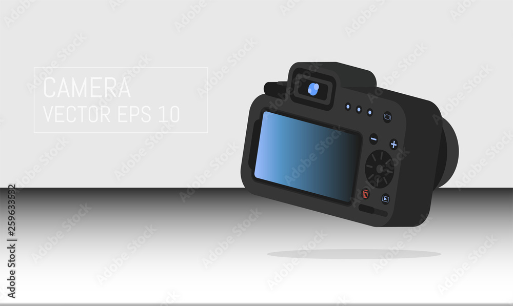 Realistic professional camera with button and display. Isometric style ...