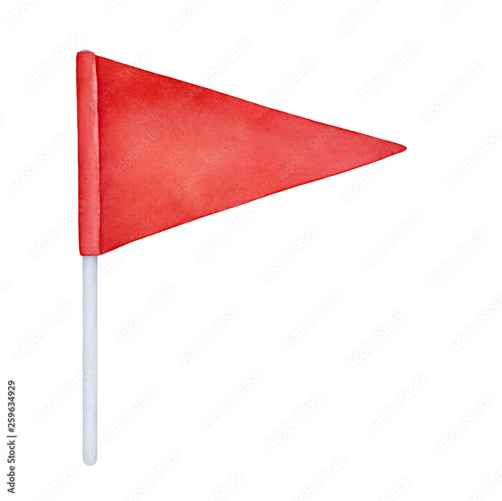 Watercolour illustration of colorful bright red flag on white tall ...