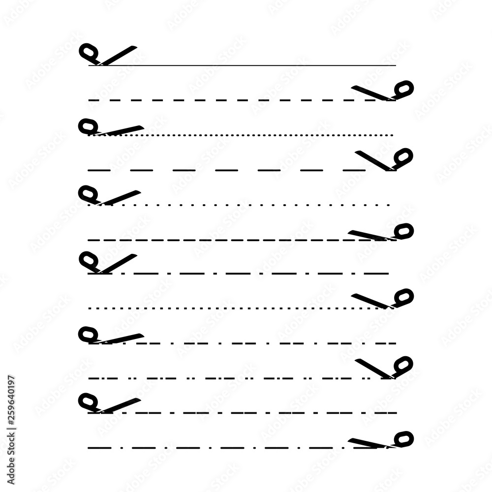 Scissors vectors with cut lines, dot, dashed lines. Dividing lines ...
