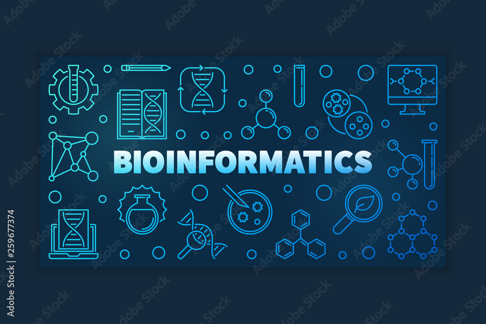 Bioinformatics concept blue outline banner on dark background. Vector ...