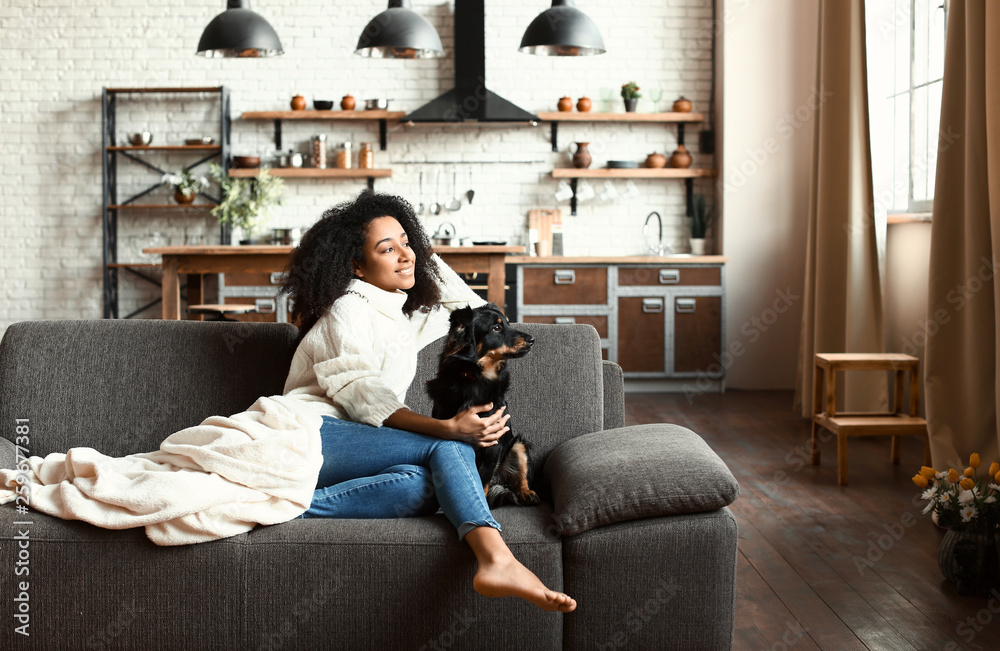 Beautiful African-American woman with cute dog at home Stock Photo ...