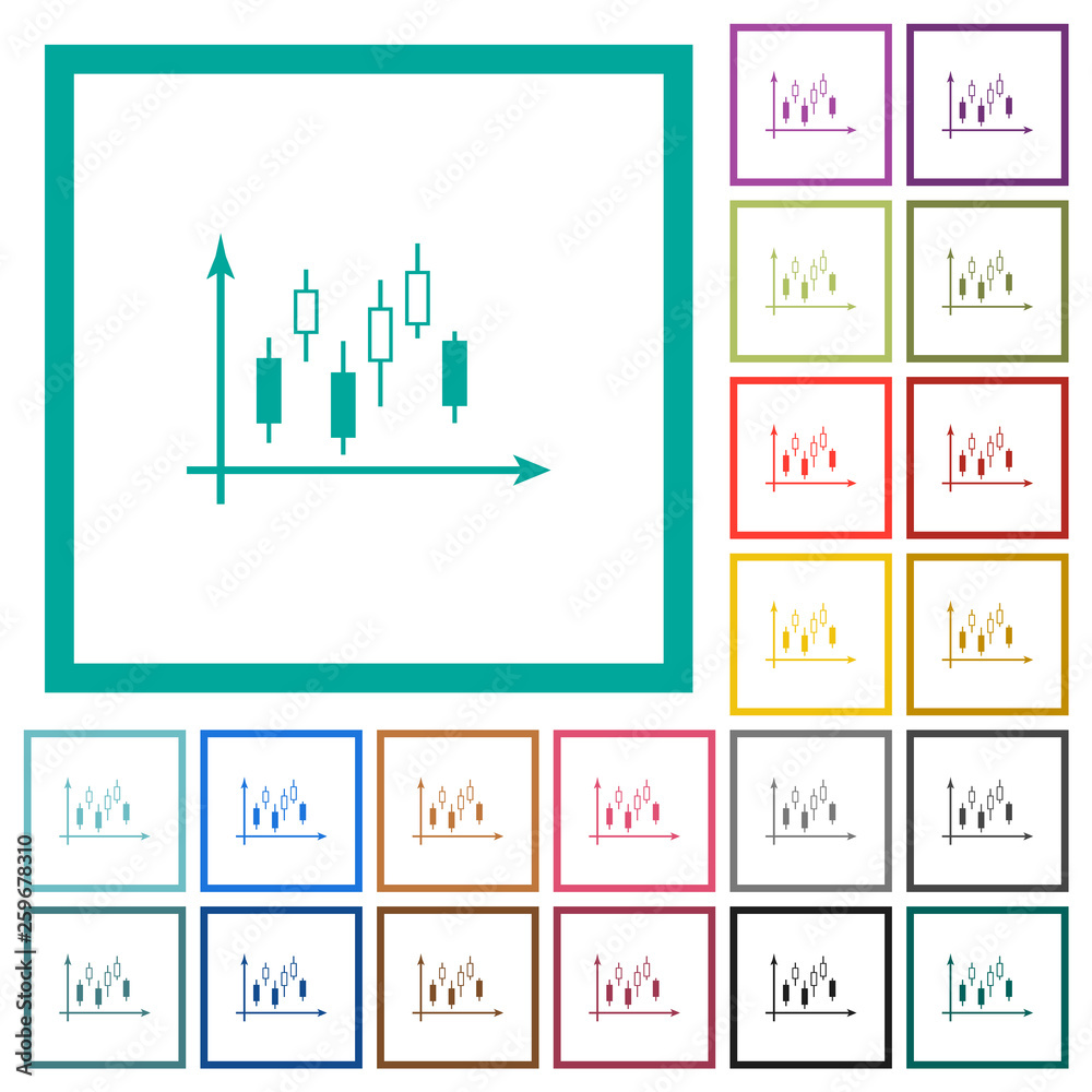 Candlestick graph with axes flat color icons with quadrant frames Stock ...