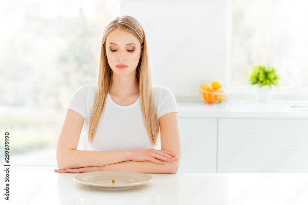 Portrait of strict minded pensive lady sad disappointed upset put arms ...