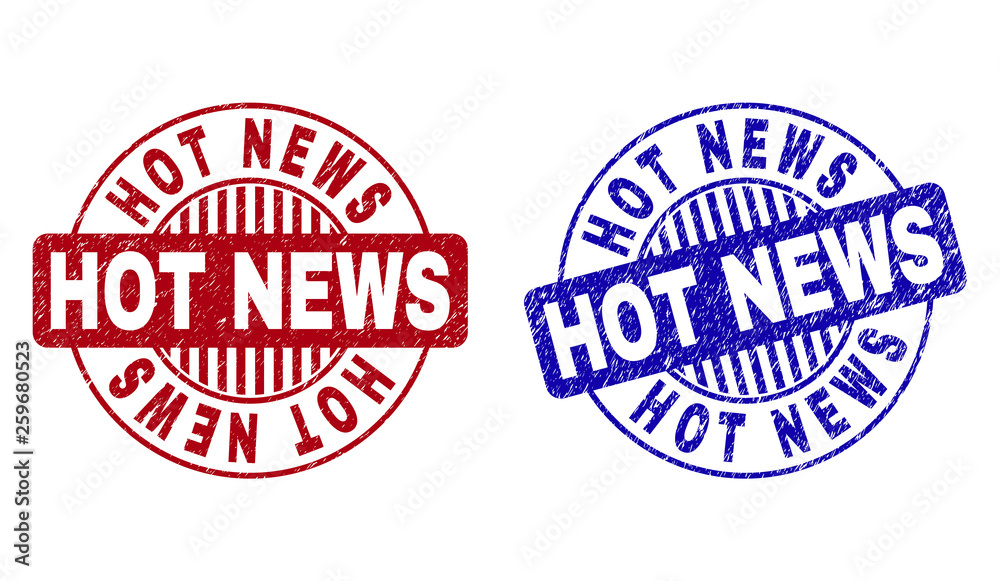 Grunge HOT NEWS round stamp seals isolated on a white background. Round ...