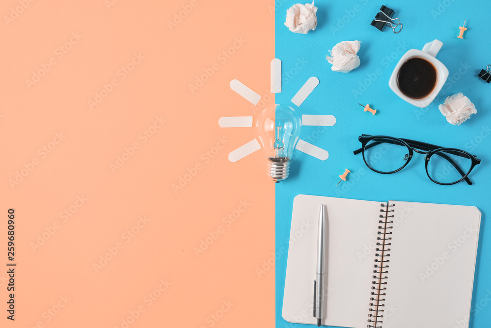 Flat lay financial planning brainstorming messy table top image with ...