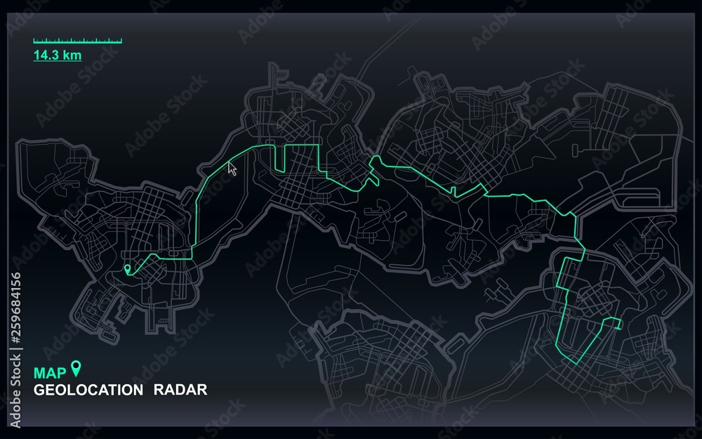 Navigate mapping technology dashboard GPS tracking map, showing movement and final destination ...