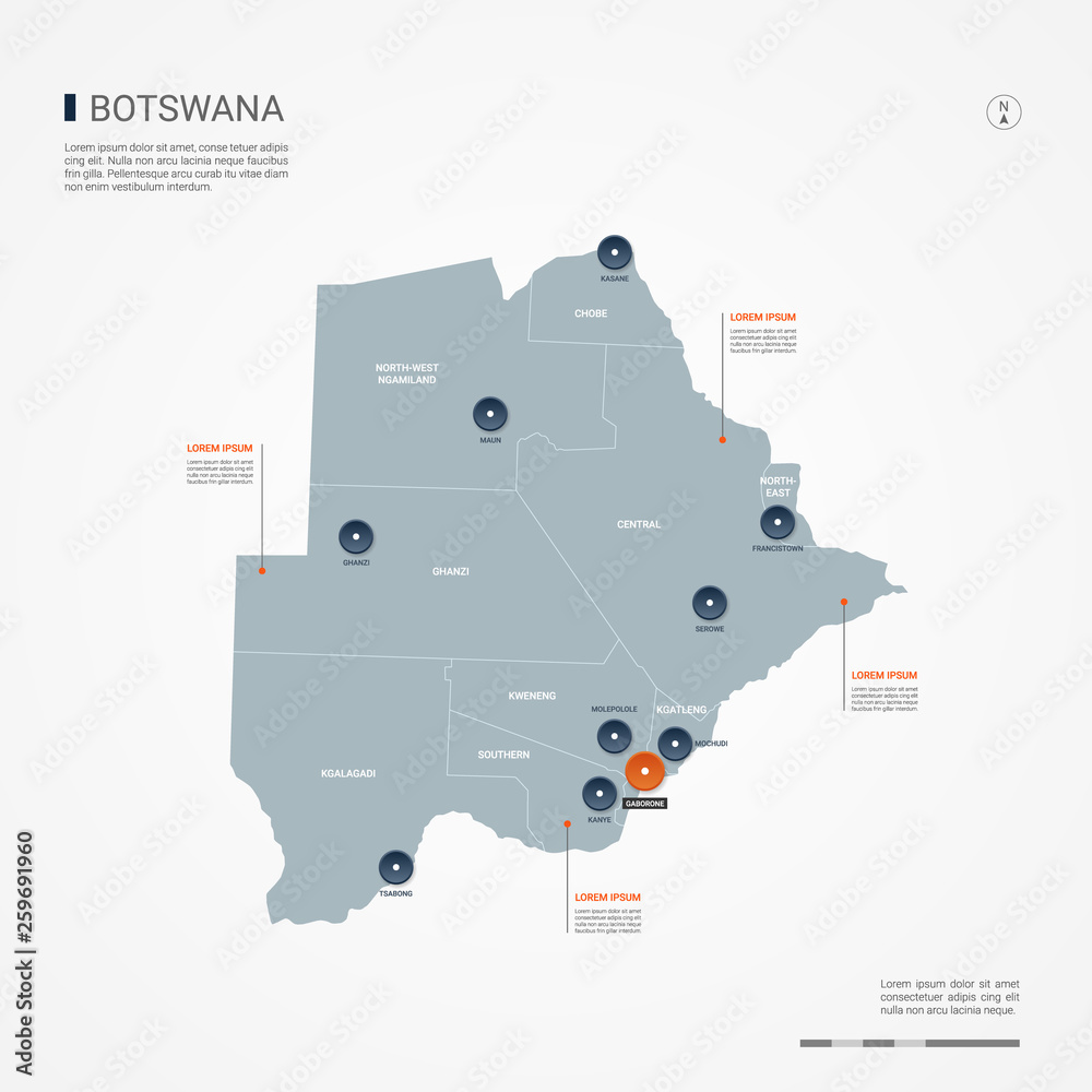 Botswana map with borders, cities, capital and administrative divisions ...