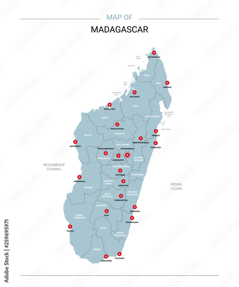 Madagascar vector map. Editable template with regions, cities, red pins ...