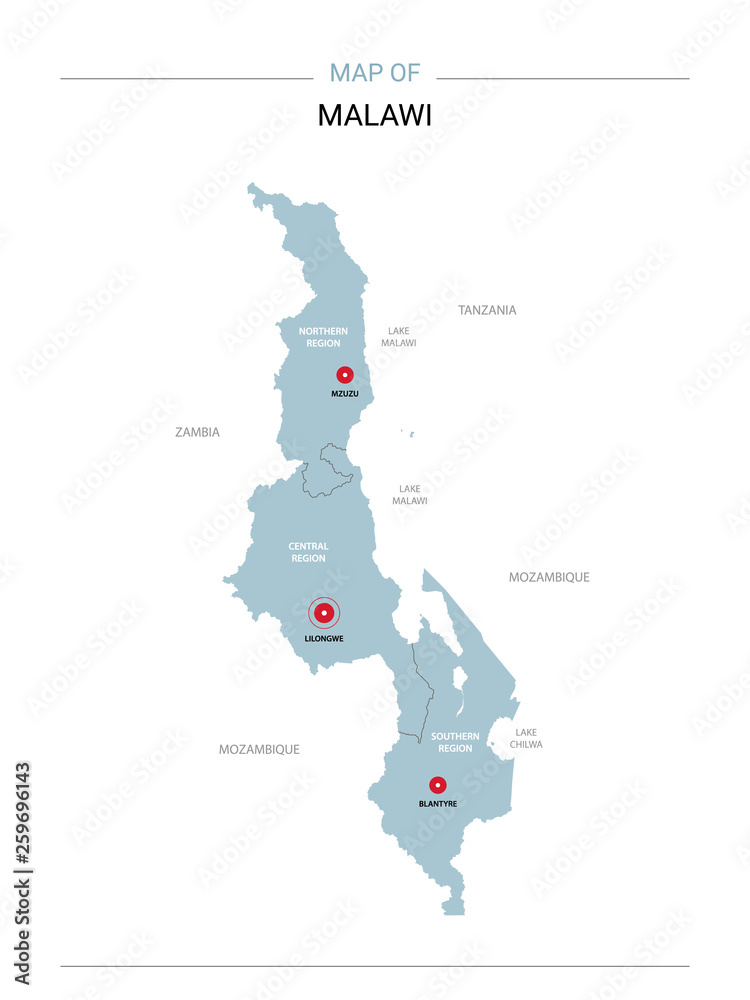 Malawi vector map. Editable template with regions, cities, red pins and ...