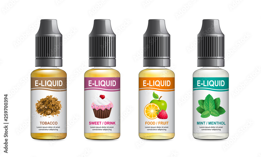 Realistic vector illustration of plastic bottles of e-liquid for vaping ...