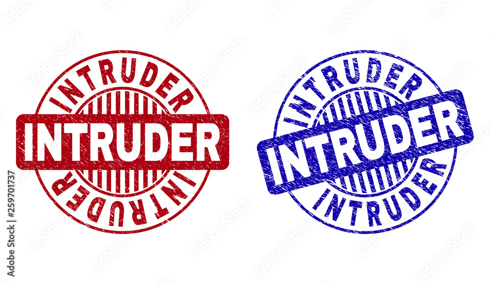 Grunge INTRUDER round stamp seals isolated on a white background. Round ...
