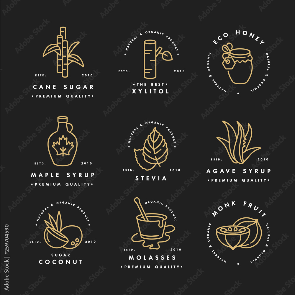 Vector golden set of logos, badges and icons for natural and organic ...