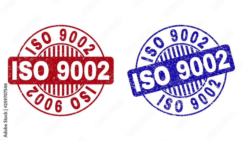 Grunge ISO 9002 round stamp seals isolated on a white background. Round ...