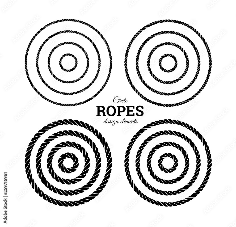 Ropes in the form of circles of different thickness in black and white ...