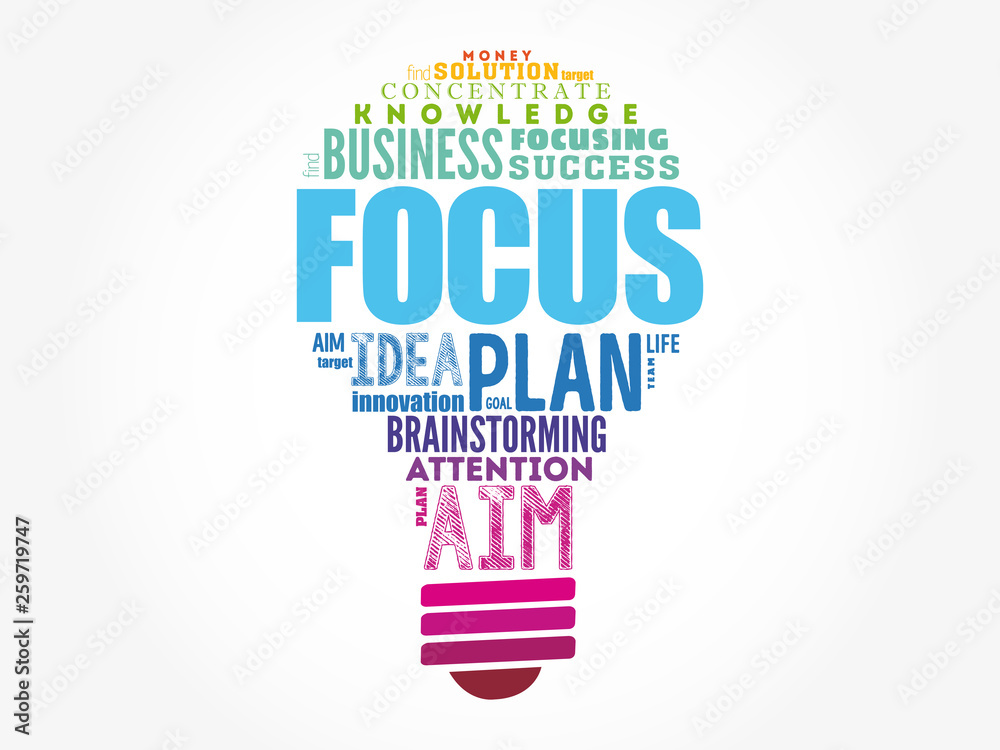 FOCUS light bulb word cloud collage, business concept background Stock ...