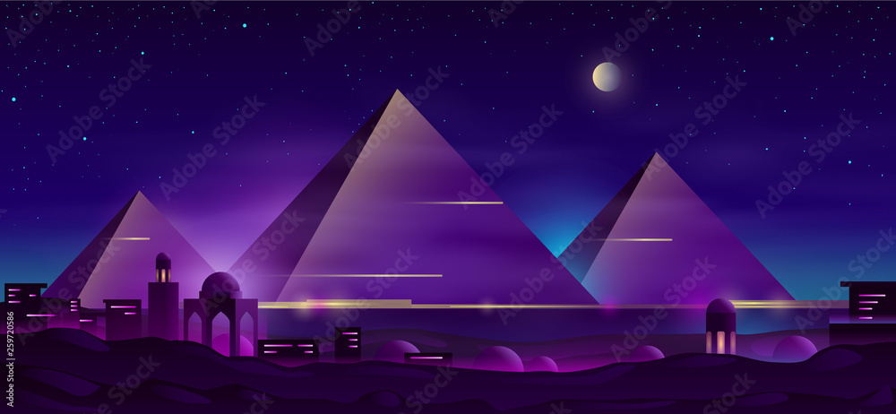 Giza plateau nigh landscape with egyptian pharaohs pyramids complex illuminated with moonlight ...