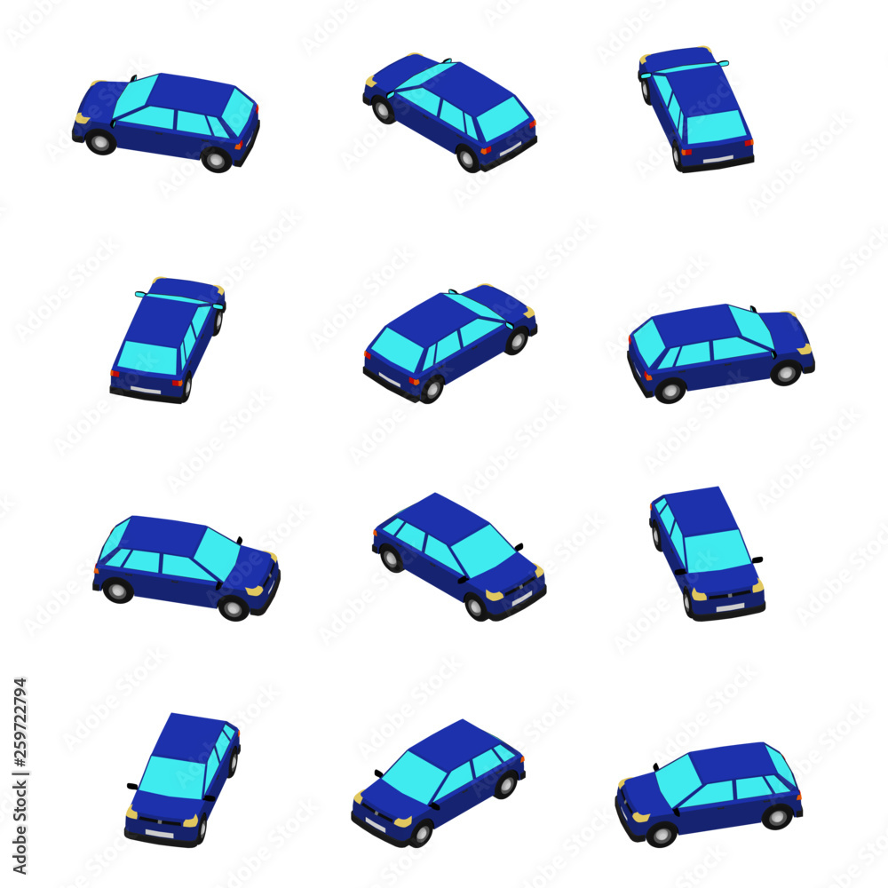 Animation of the rotation of the car in isometric view. Blue hatchback ...