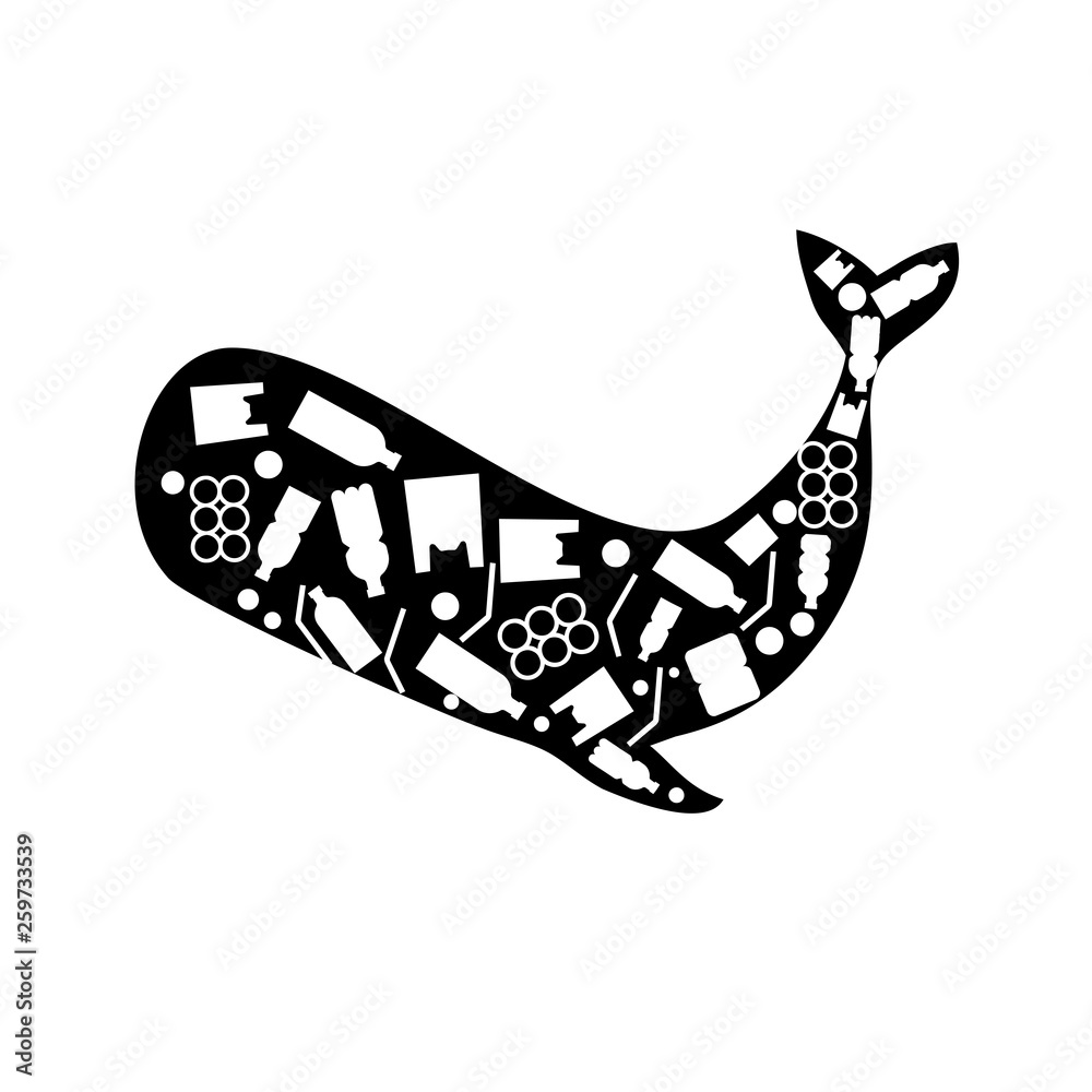 blue whale trash ocean plastic pollution. Ecological poster. Whale ...