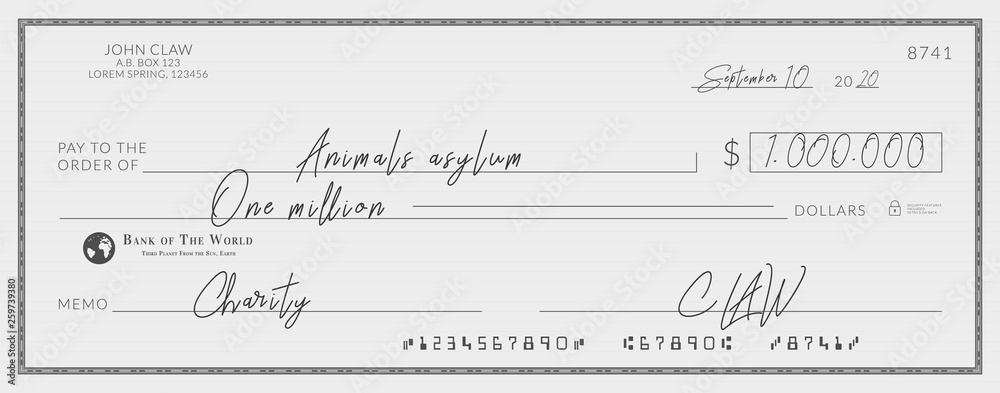 Bank check signed for charity. One million dollars donation for the ...