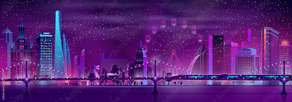 Vector bullet train on bridge over the river and modern megapolis on background. Speed railroad ...