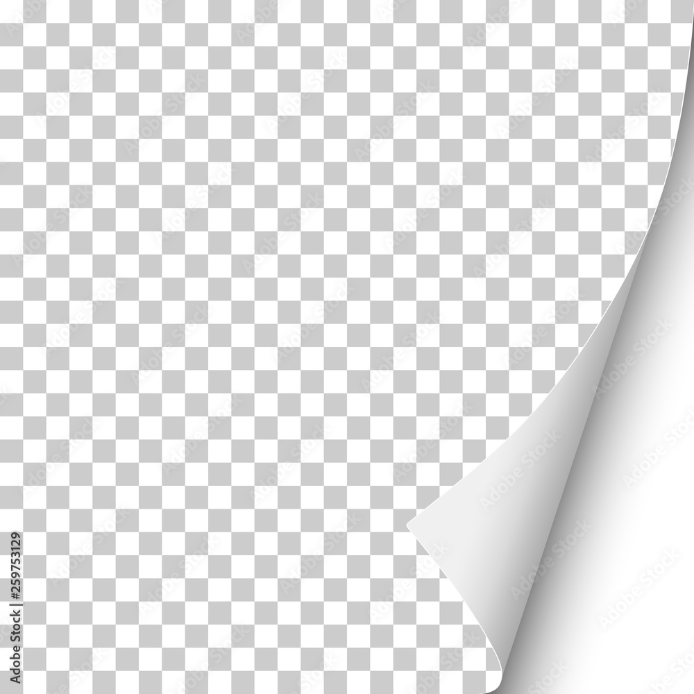 Sheet of transparent paper with curled lower right corner and white ...
