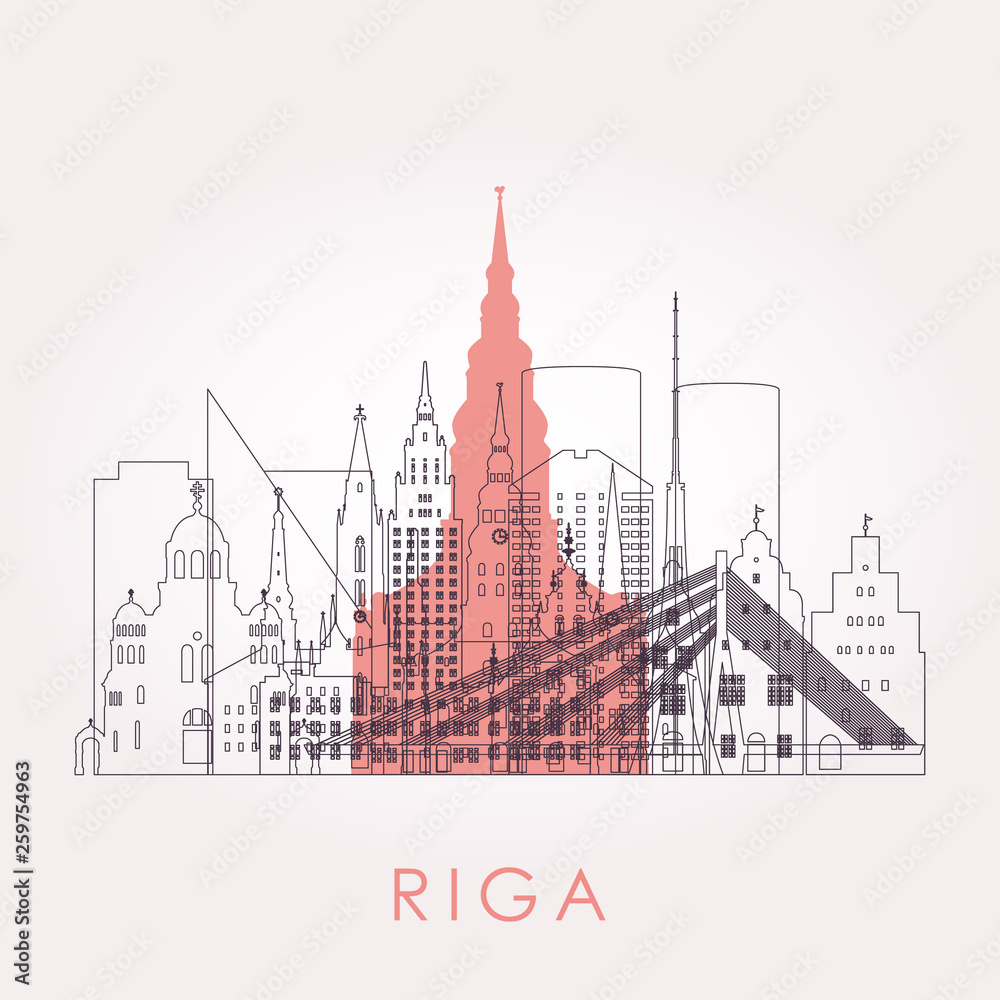 Outline Riga skyline with landmarks. Vector illustration. Business ...