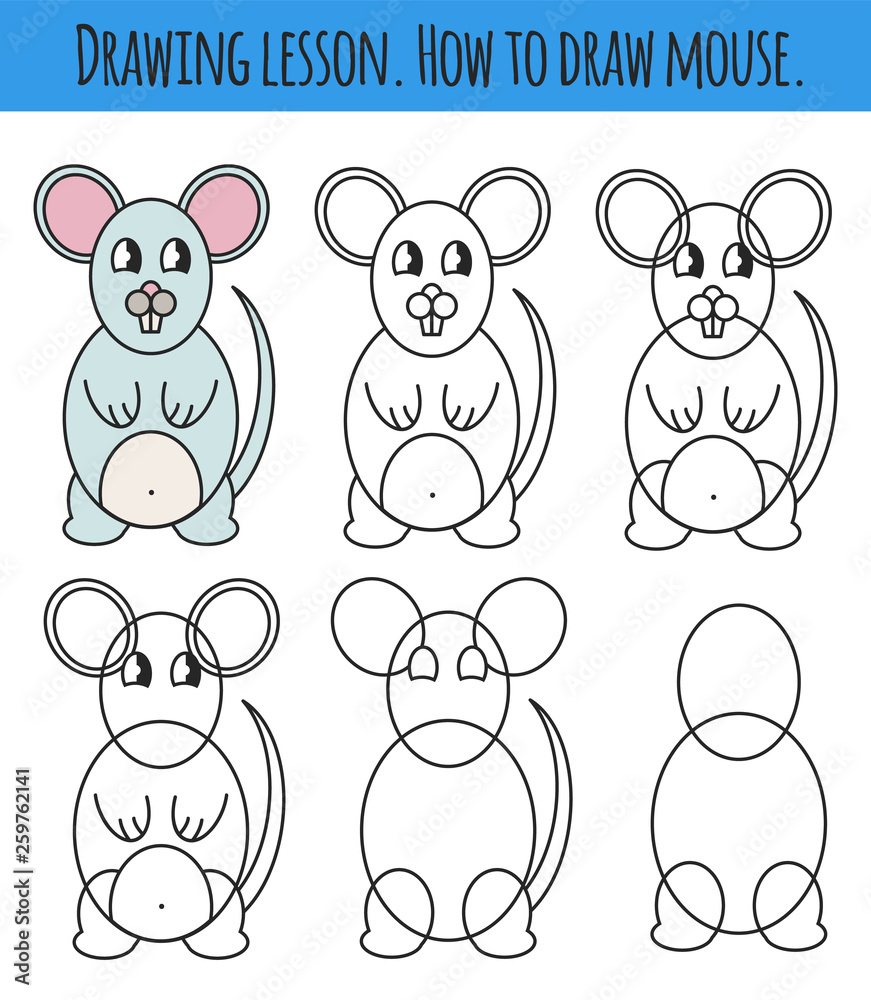 Drawing lesson for children. How draw a cartoon cute mouse. Drawing ...