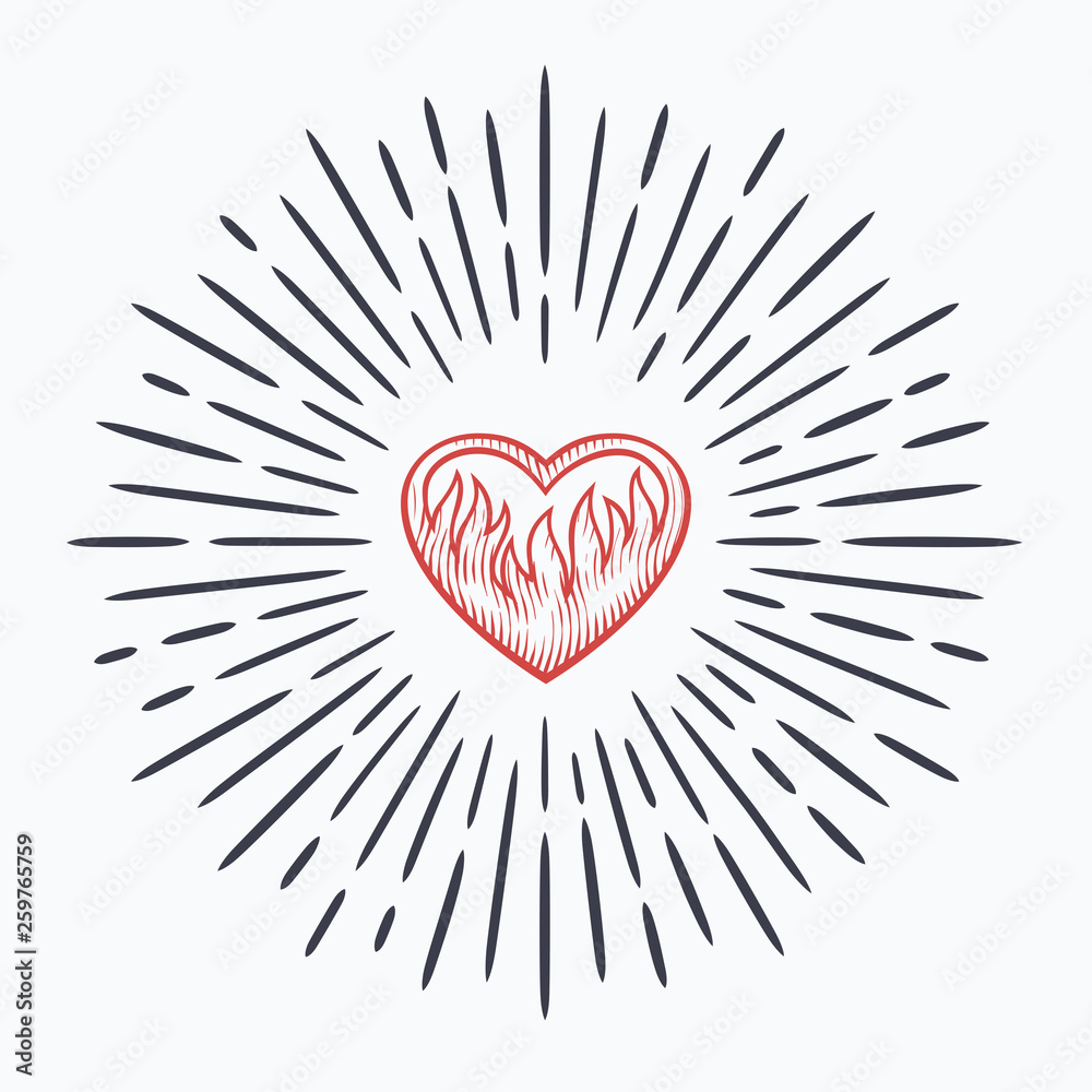 Stylized vector illustration of flaming and shining red heart in ...