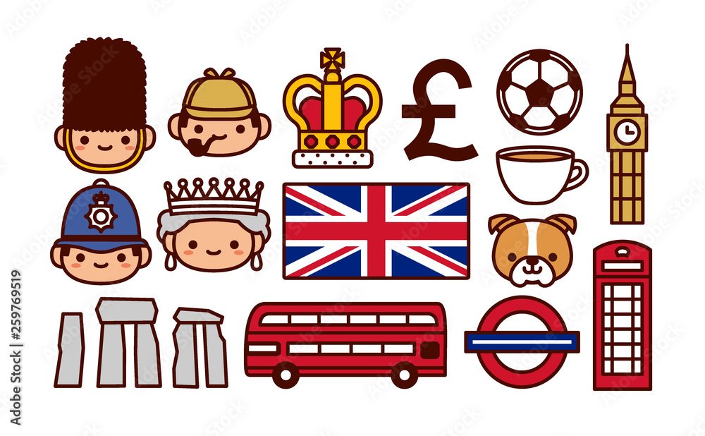 Set Of England Cartoon Icons Isolated Stock Illustration | Adobe Stock