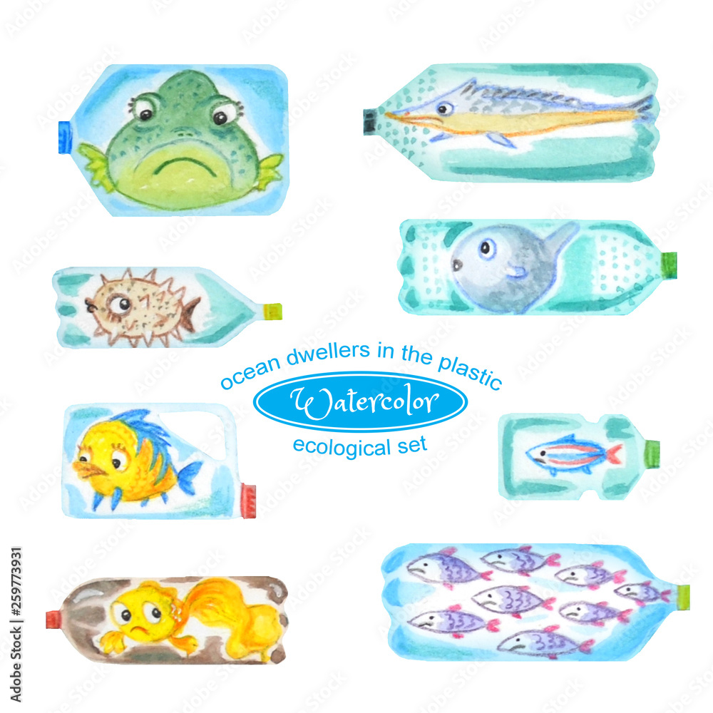 Sad sea animals in plastic bottles are unhappy with ocean pollution ...
