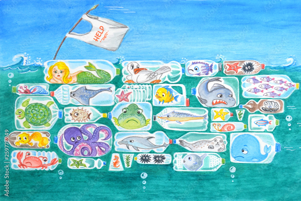 Sad sea animals in plastic bottles are unhappy with ocean pollution ...