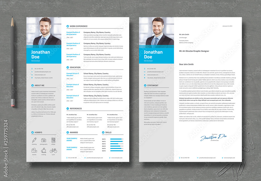 Resume and Cover Letter with Blue and Gray Accents Stock Template ...